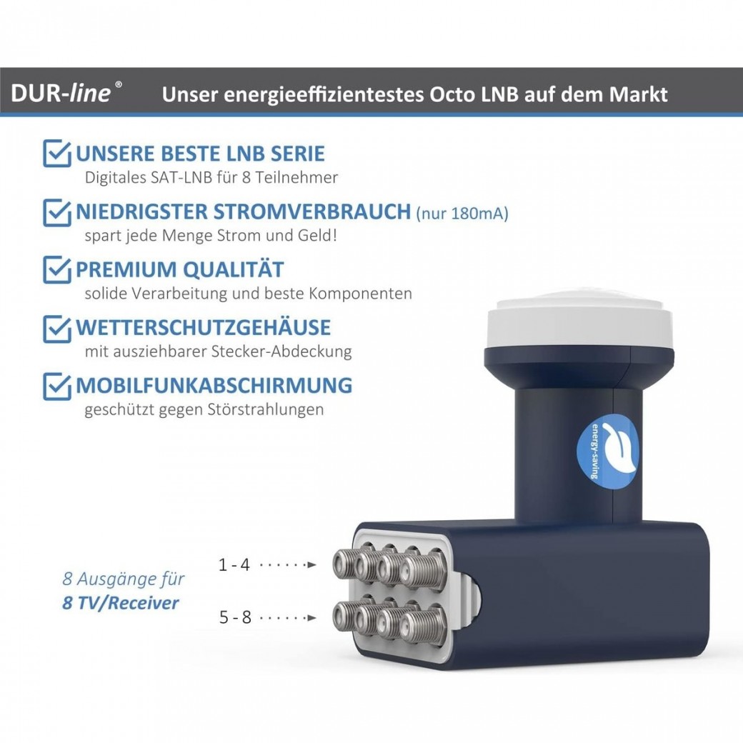 DUR-line Blue ECO Octo LNB 8 Teilnehmer | Stromspar-LNB 8fach, digital, Full HD, 4K, 3D, Premium ...